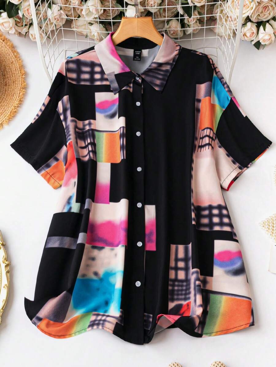 SHEIN LUNE Plus Patchwork Print Button Front Shirt | SHEIN USA