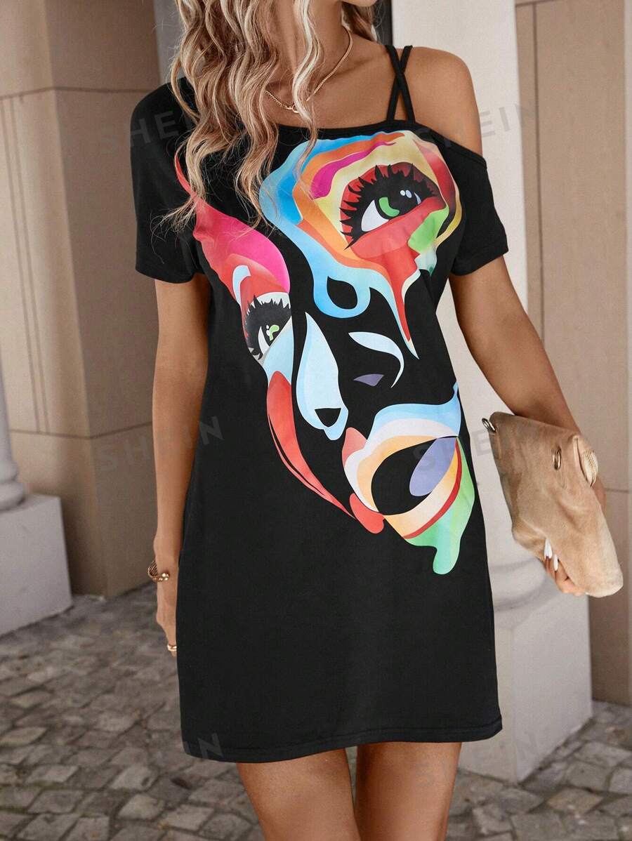 SHEIN LUNE Ladies' Off-Shoulder Thin Strap Decorated Colorful Printed ...