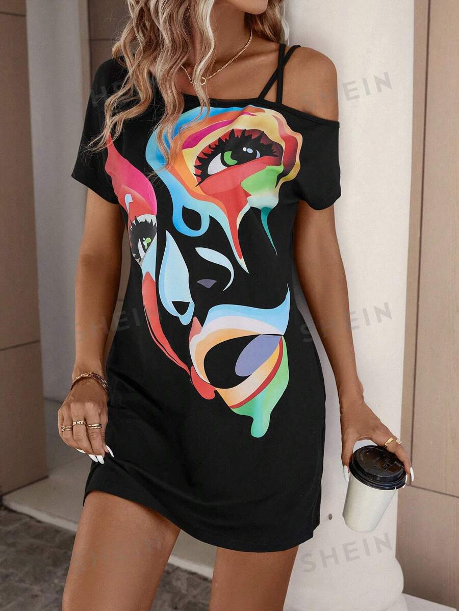 SHEIN LUNE Ladies' Off-Shoulder Thin Strap Decorated Colorful Printed ...