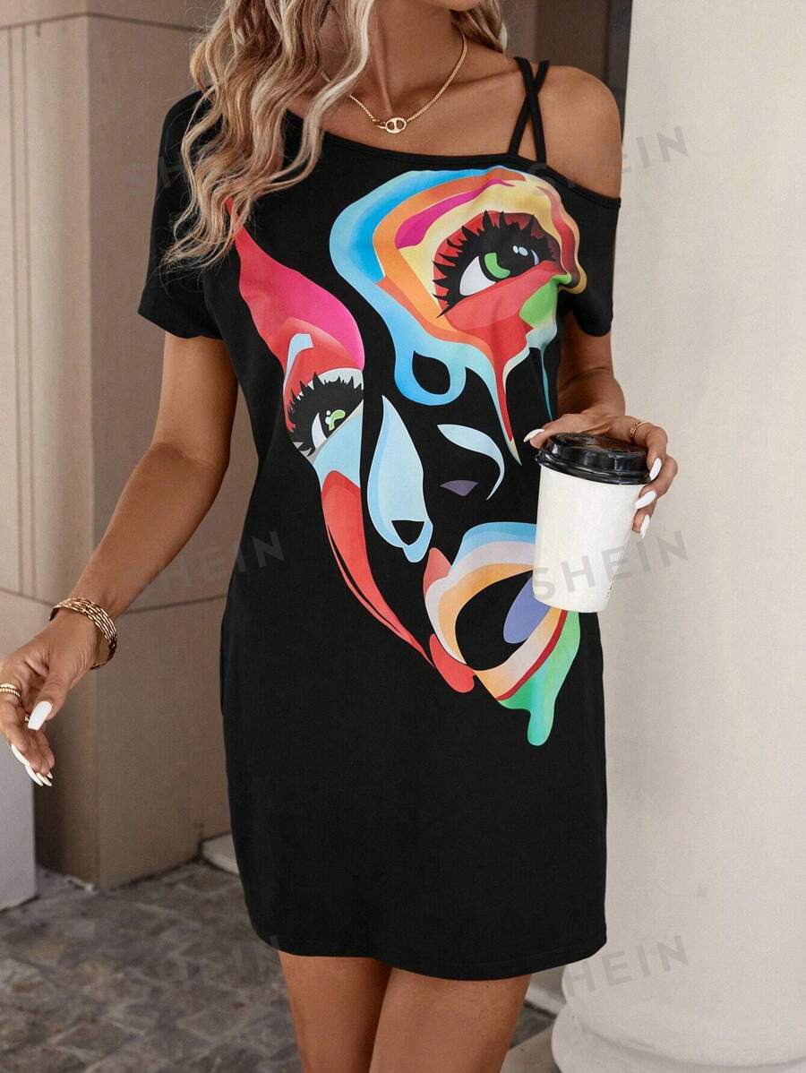 SHEIN LUNE Ladies' Off-Shoulder Thin Strap Decorated Colorful Printed ...