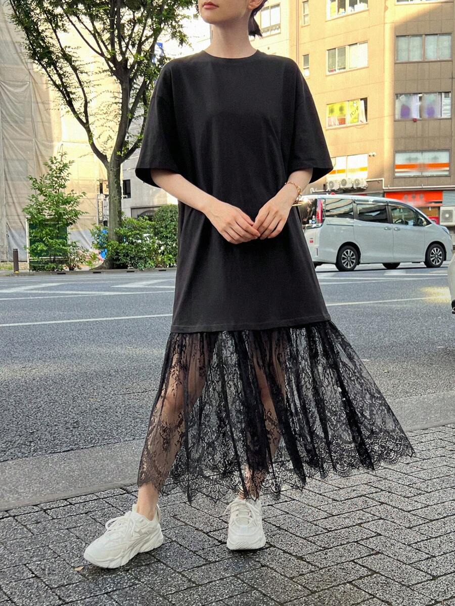 DAZY Contrast Lace Hem Drop Shoulder Tee Dress | SHEIN USA