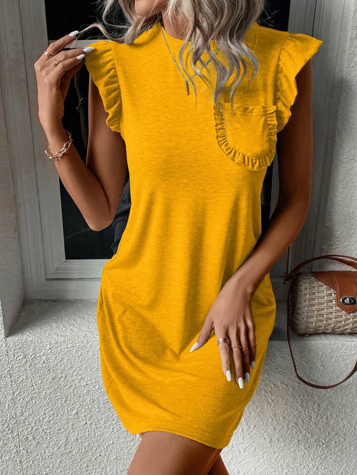 Shein Lune Solid Ruffle Trim Pocket Patched Tee Dress | Shein Uk