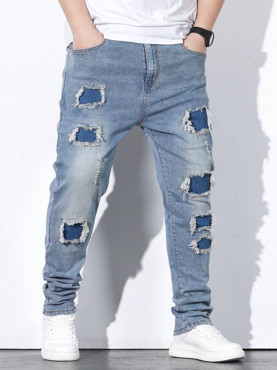 Manfinity EMRG Men Plus Ripped Frayed Rag Stitching Skinny Jeans Slim ...
