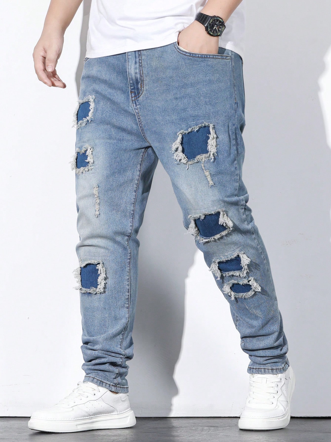 Manfinity EMRG Men Plus Ripped Frayed Rag Stitching Skinny Jeans Slim ...