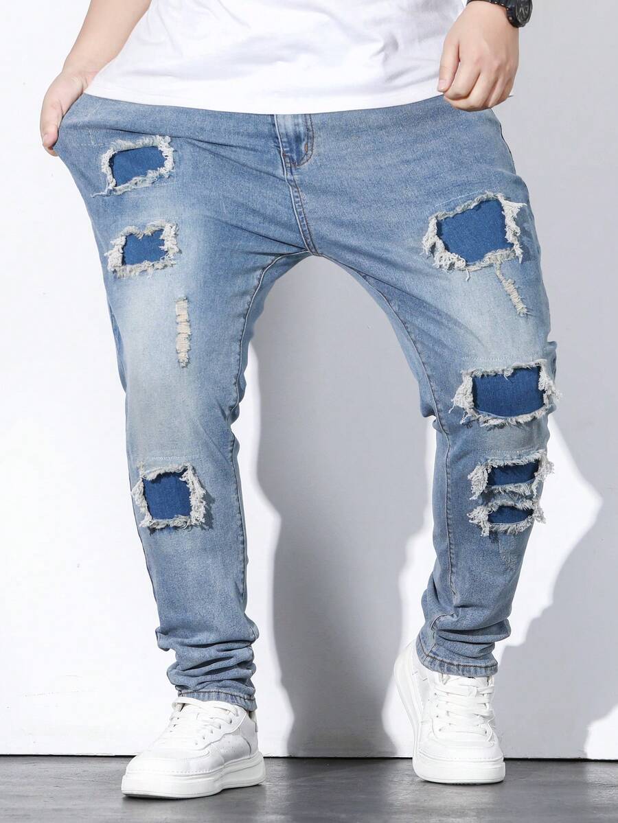 Manfinity EMRG Men Plus Ripped Frayed Rag Stitching Skinny Jeans Slim ...