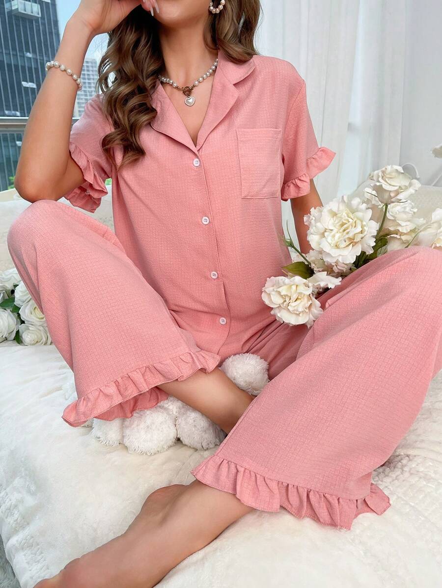 Ruffle Trim Pocket Patched PJ Set / Pajama Set | SHEIN USA