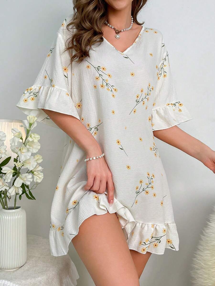 Floral Print Ruffle Hem Pajama Nightdress Shein Usa