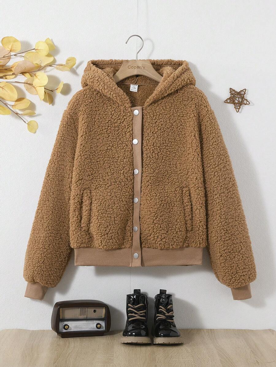 Teen Girl Slant Pockets Hooded Teddy Jacket | SHEIN USA