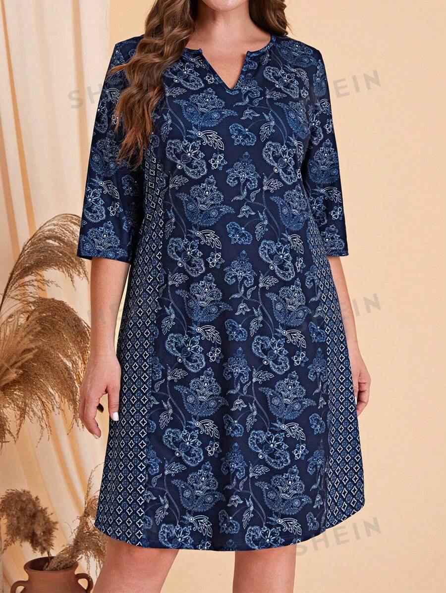 EMERY ROSE Plus Floral Print Notched Neckline Dress | SHEIN USA