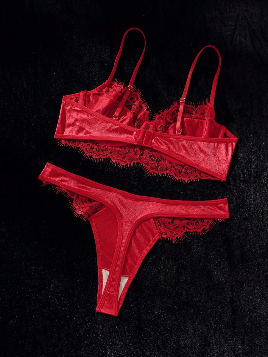 Eyelash Lace Panel Underwire Lingerie Set | SHEIN USA