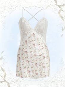 ROMWE Kawaii Talla grande con estampado floral con encaje en contraste ...