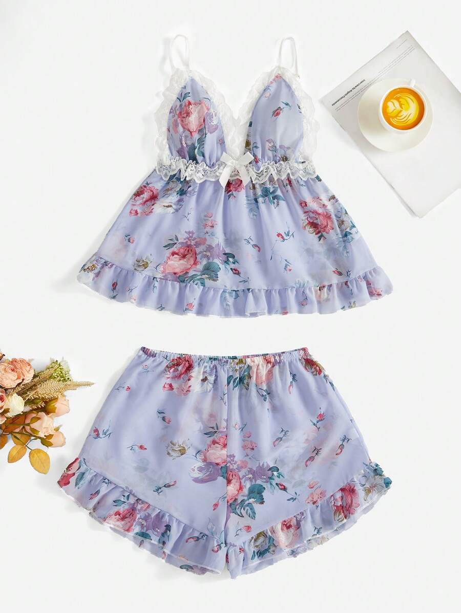 SHEIN Floral Print Contrast Lace Bow Front Cami Top & Shorts PJ Set ...