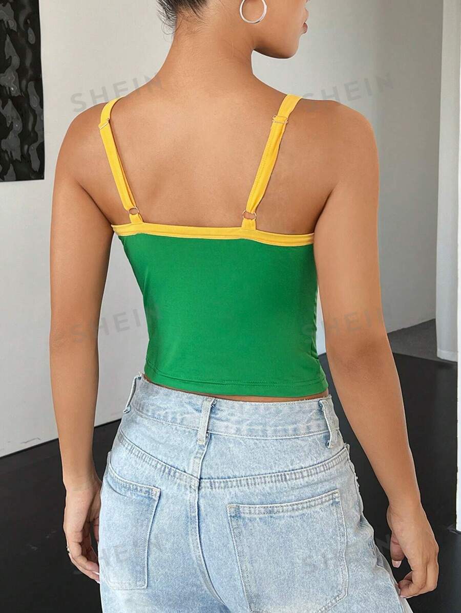 SHEIN EZwear Green Brazil Letter Graphic Contrast Binding Cami Top ...