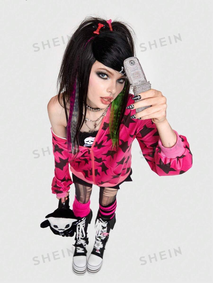 ROMWE Avant Scene Outfits Star Print Zip Up Hoodie Emo | SHEIN USA