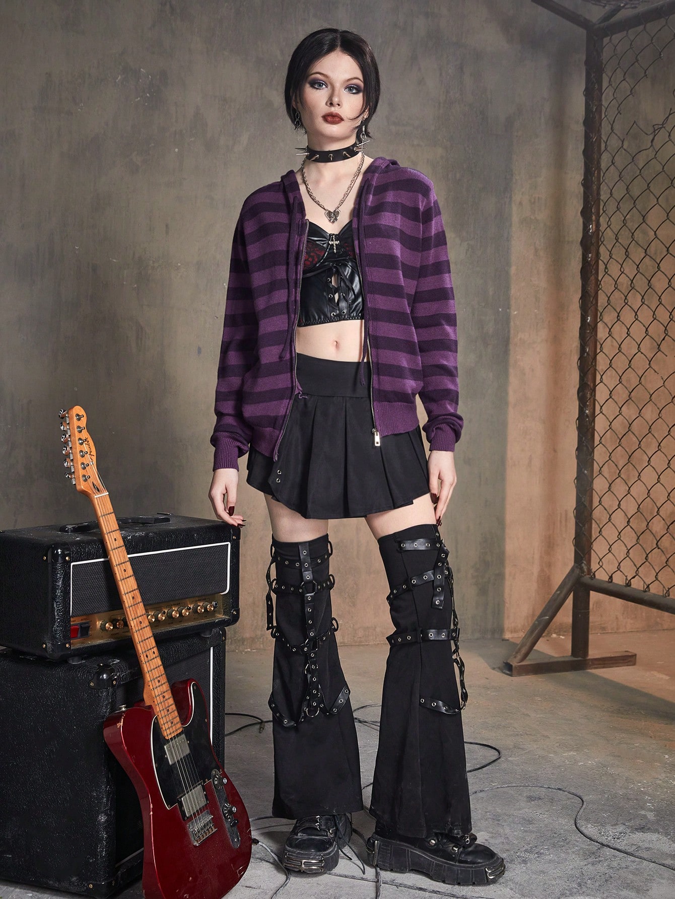 Grunge Punk Striped Zip Up Drawstring Hooded Cardigan | SHEIN USA