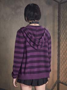 ROMWE Grunge Punk Striped Zip Up Drawstring Hooded Cardigan, School ...