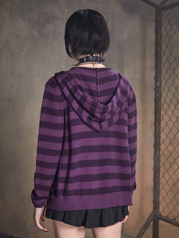 Grunge Punk Striped Zip Up Drawstring Hooded Cardigan | SHEIN USA