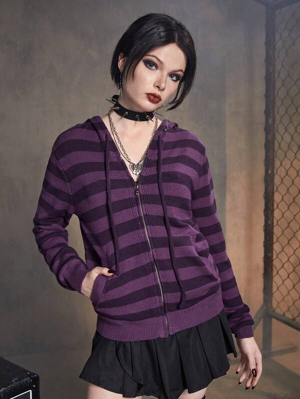 Grunge Punk Striped Zip Up Drawstring Hooded Cardigan | SHEIN USA