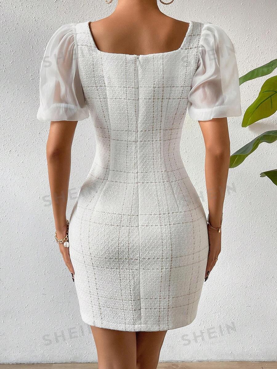 Shein Privé Vestido Con Patrón De Cuadros Escote Corazón De Manga Farol