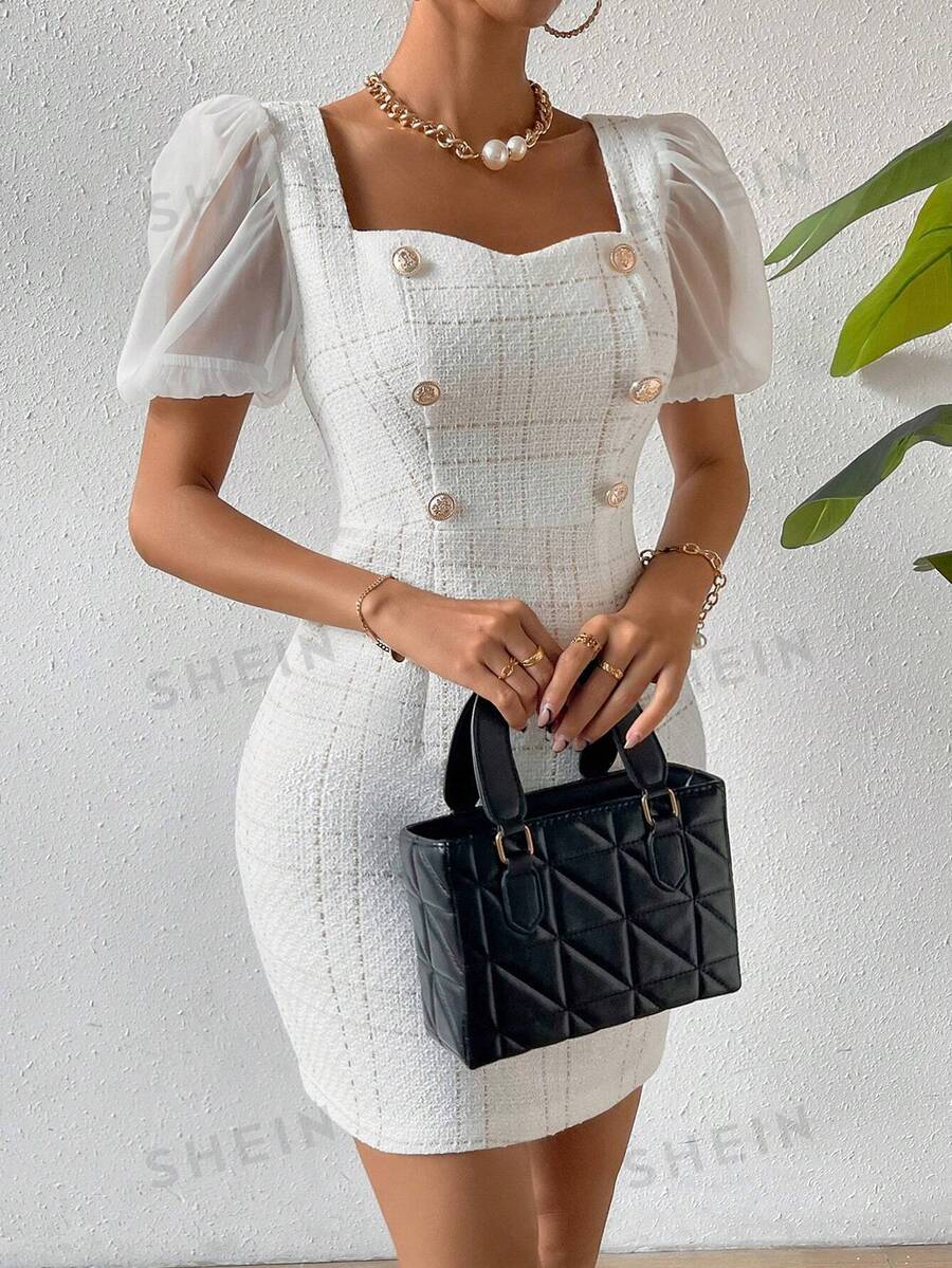 SHEIN Privé Vestido con patrón de cuadros escote corazón de manga farol ...