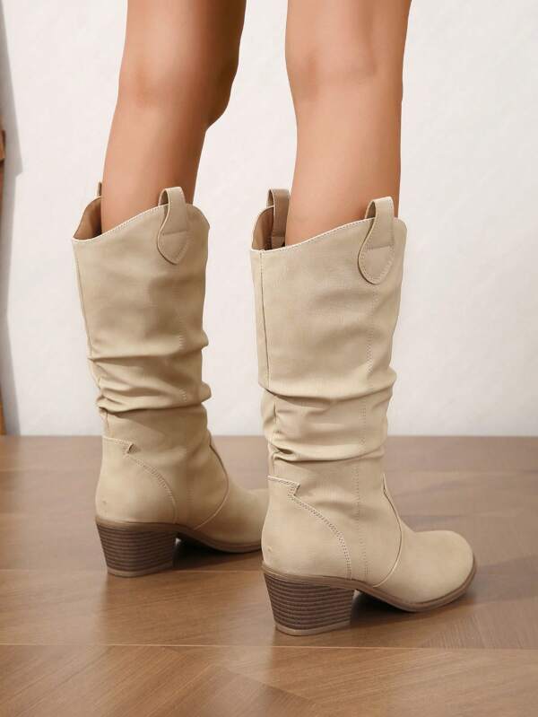 Simple Slip-on Wrinkled Western Cowgirl Boots For Women, High Heel High ...