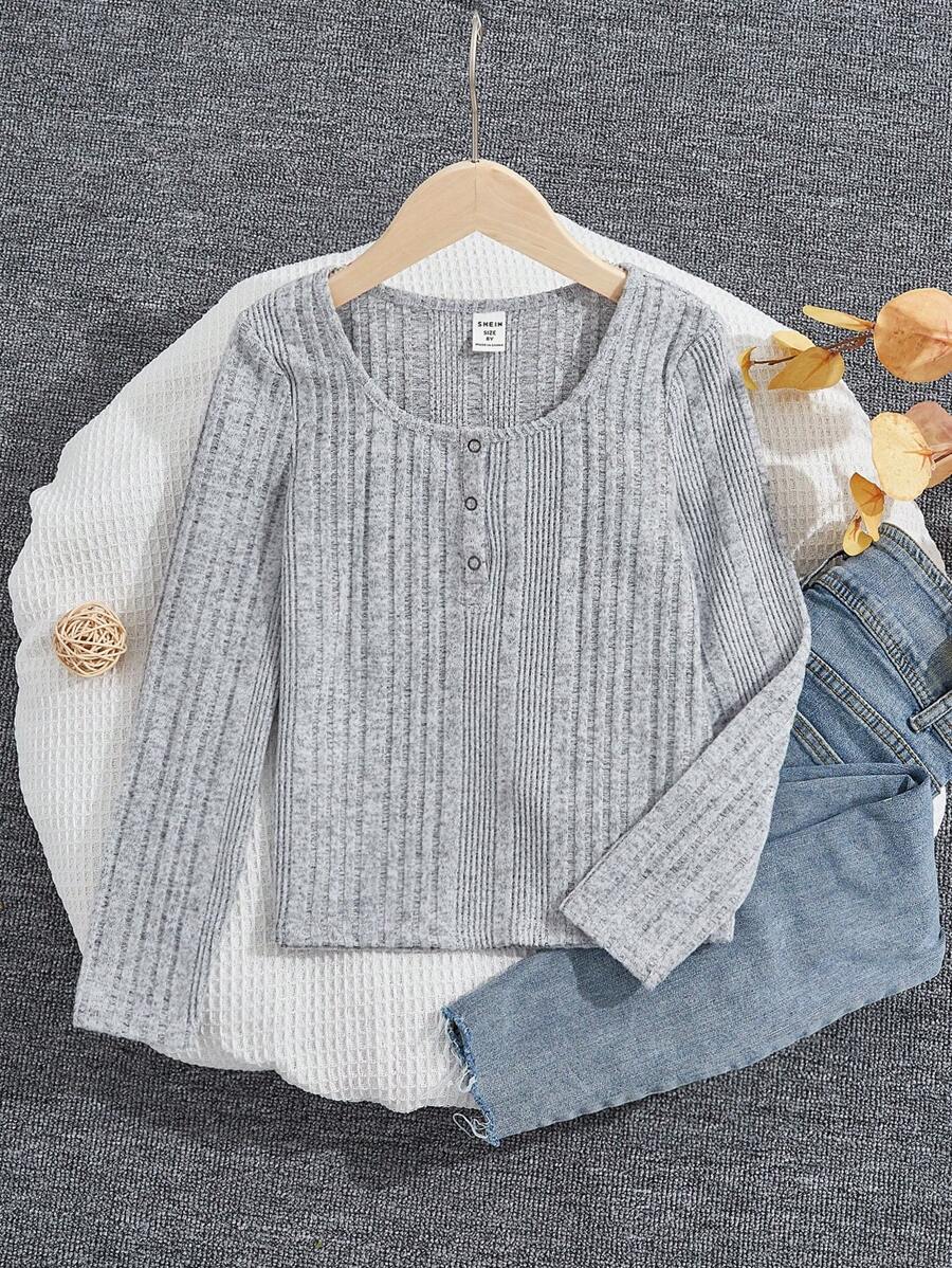 SHEIN Tween Girl Half Button Ribbed Knit Tee | SHEIN USA