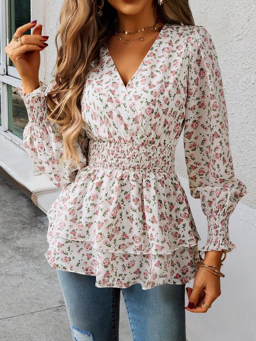 SHEIN Clasi Ditsy Floral Print Lantern Sleeve Peplum Blouse Peplum Top ...