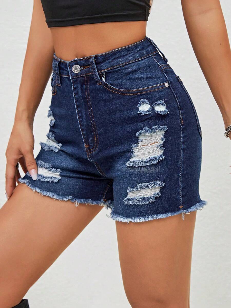 Ripped Raw Hem Denim Shorts | SHEIN USA