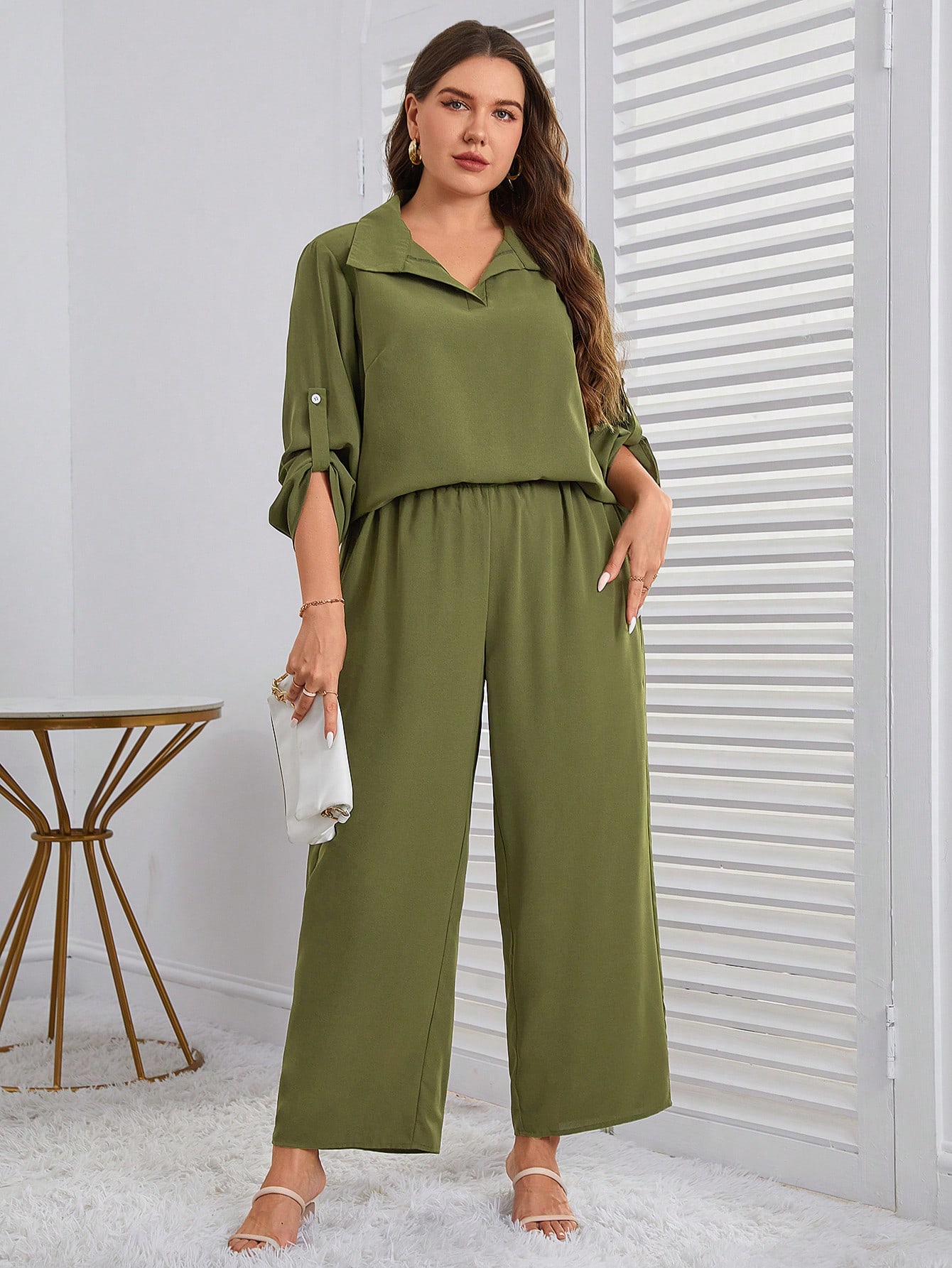 Shein Lune Plus Roll Tab Sleeve Blouse And Wide Leg Pants Shein Usa