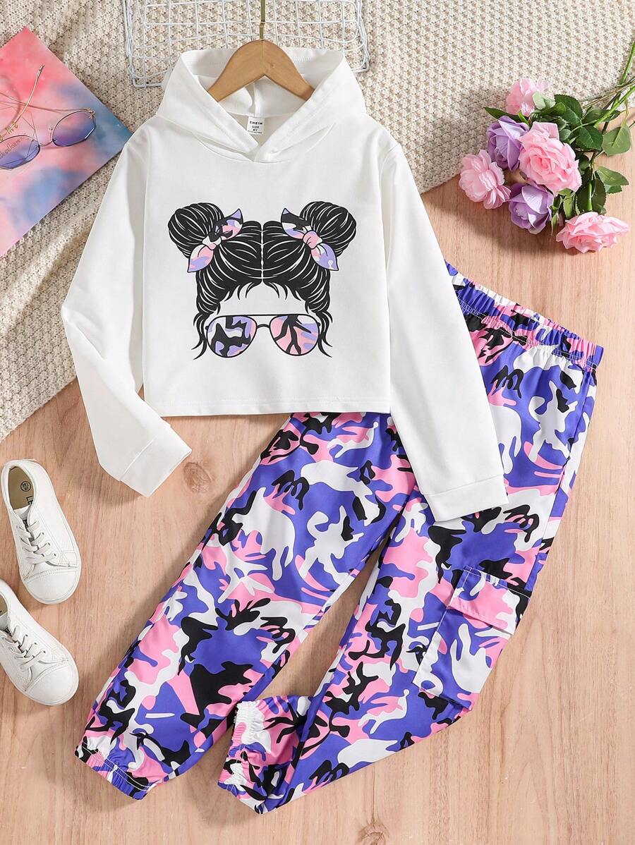 Shein Tween Girl Figure Graphic Hooded Sweatshirt And Camo Print Pants