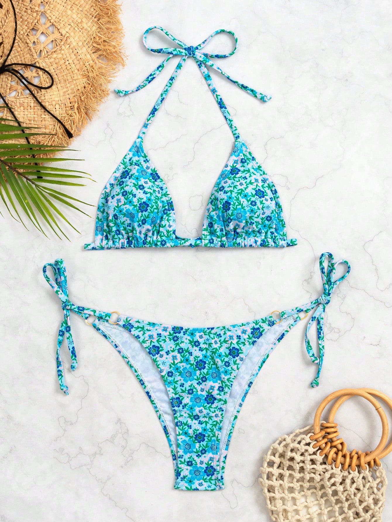 Shein Swim Mod Ditsy Floral Print Halter Triangle Bikini Swimsuit