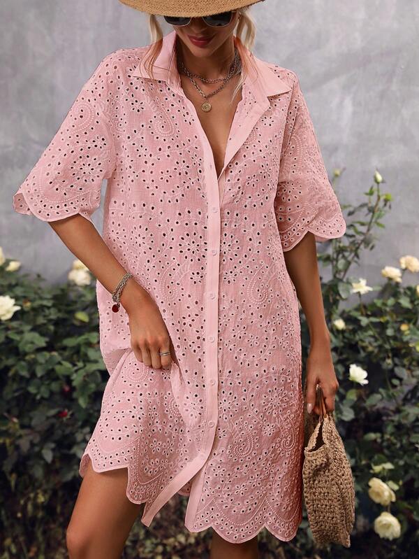 Shein Vcay Eyelet Embroidery Scallop Trim Button Front Shirt Dress