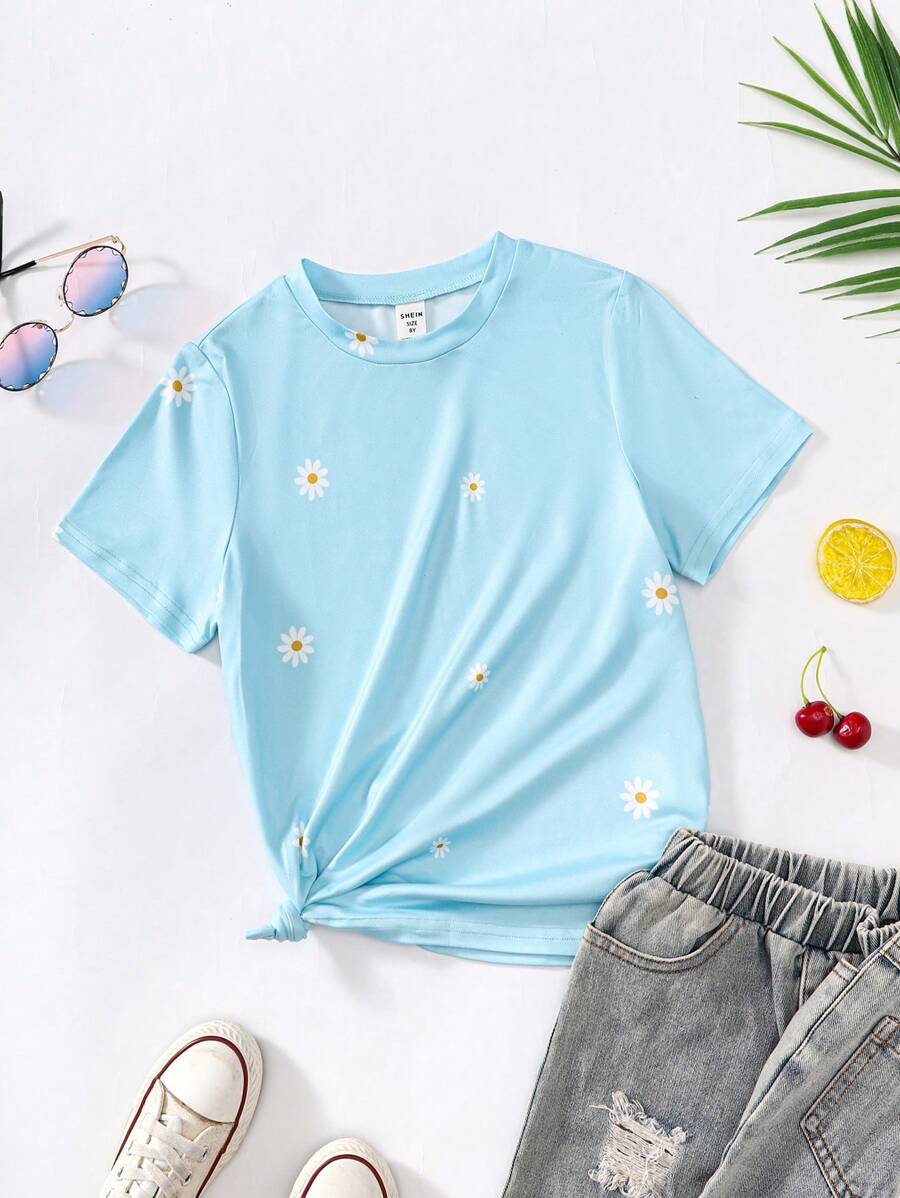 SHEIN Tween Girl Daisy Floral Print Tee | SHEIN USA