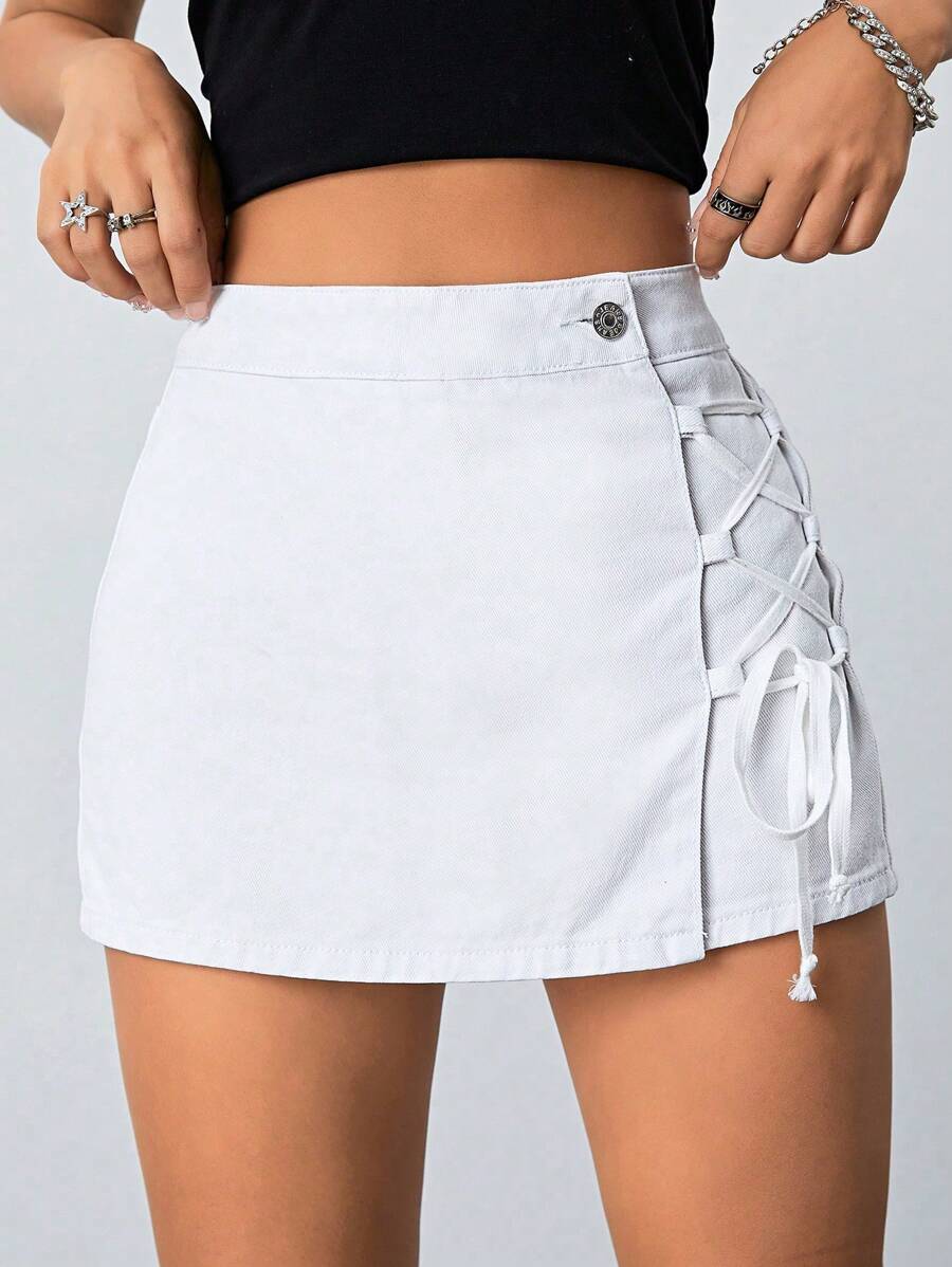 SHEIN ICON Lace Up Front Denim Skort | SHEIN USA