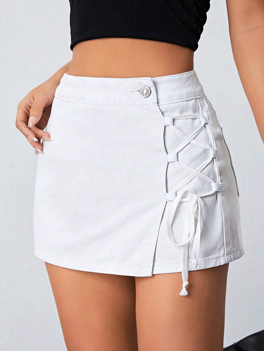 SHEIN ICON Lace Up Front Denim Skort | SHEIN USA