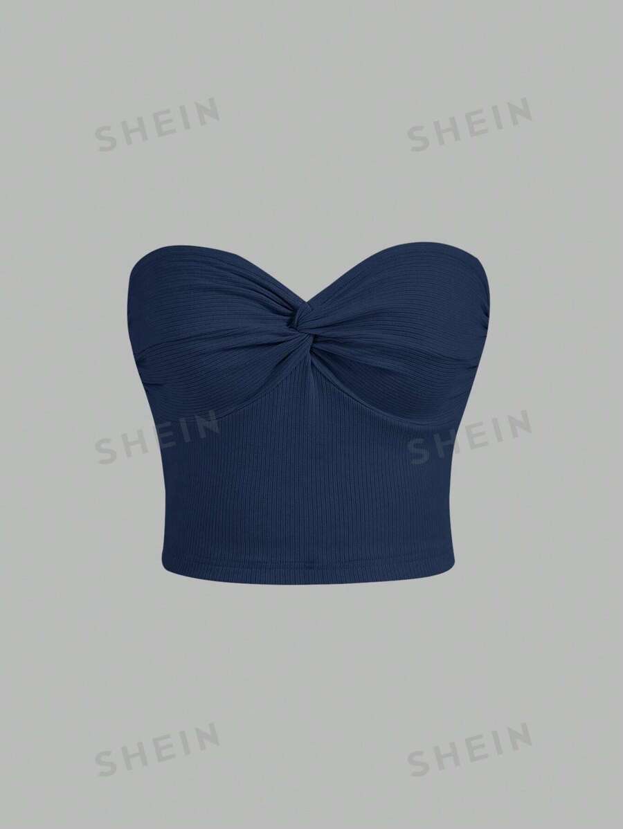 SHEIN MOD Twist Front Ribbed Knit Tube Blue Tube Top Cropped Top | SHEIN UK