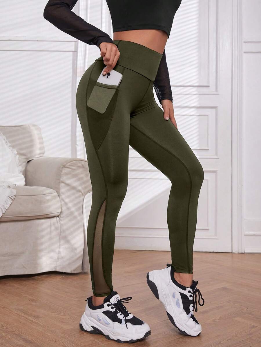 SHEIN Yoga Trendy Mesh Insert Wideband Waist Sports Leggings With Phone ...