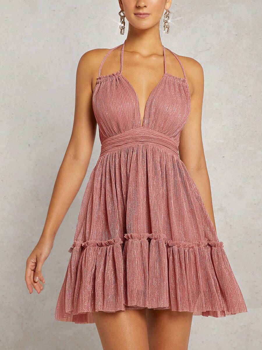 Hauture Tie Backless Ruffle Hem Glitter Dress | SHEIN USA