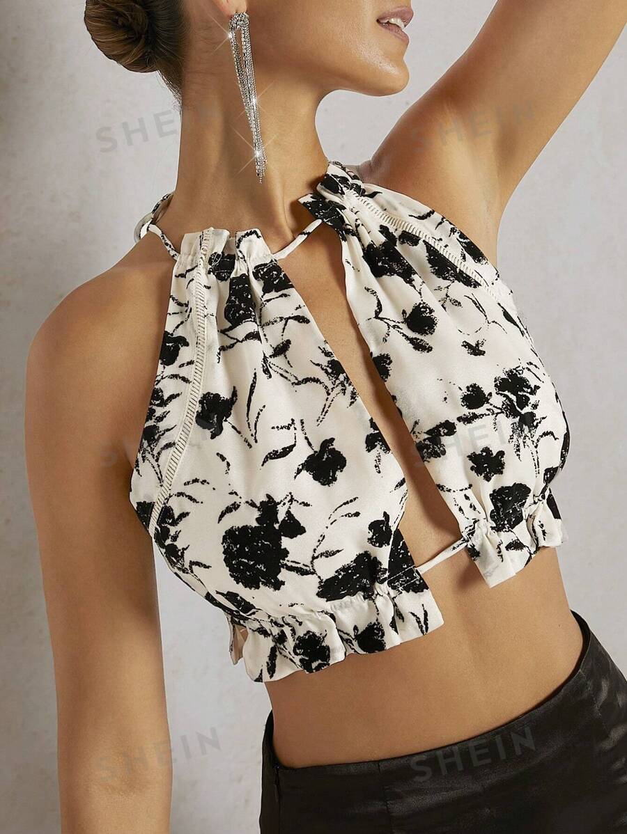 SHEIN Haute Floral Drawstring Frill Halter Top | SHEIN UK