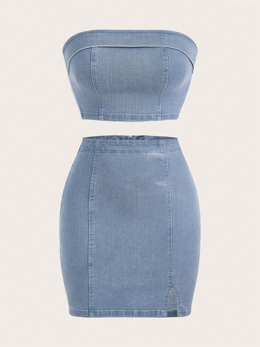 SHEIN EZwear Solid Denim Tube Top & Split Hem Denim Skirt | SHEIN USA