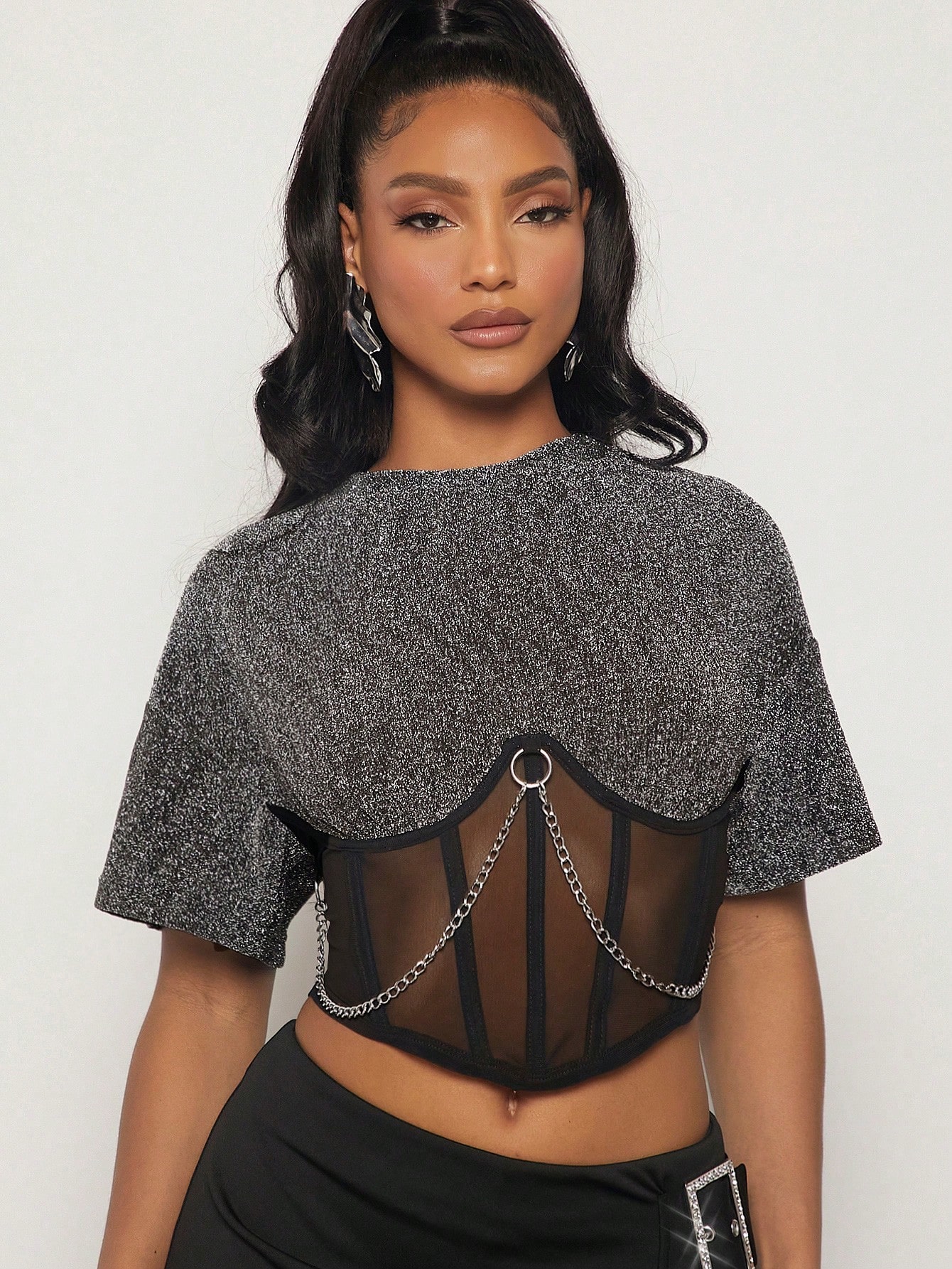 Shein Bae Chain Detail Mesh Panel Glitter Crop Top Shein Uk