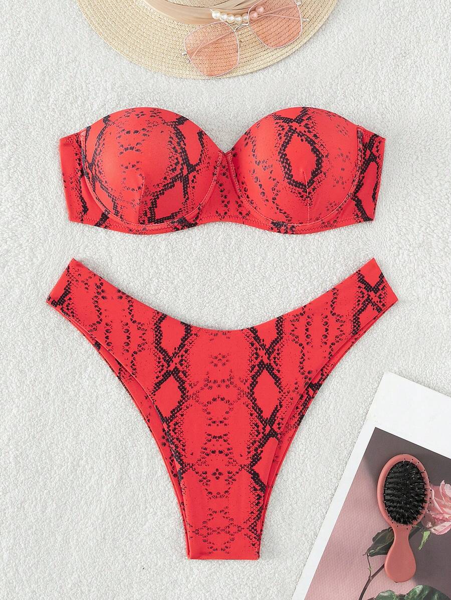 Snakeskin Print Push Up Bandeau Bikini Set | SHEIN USA