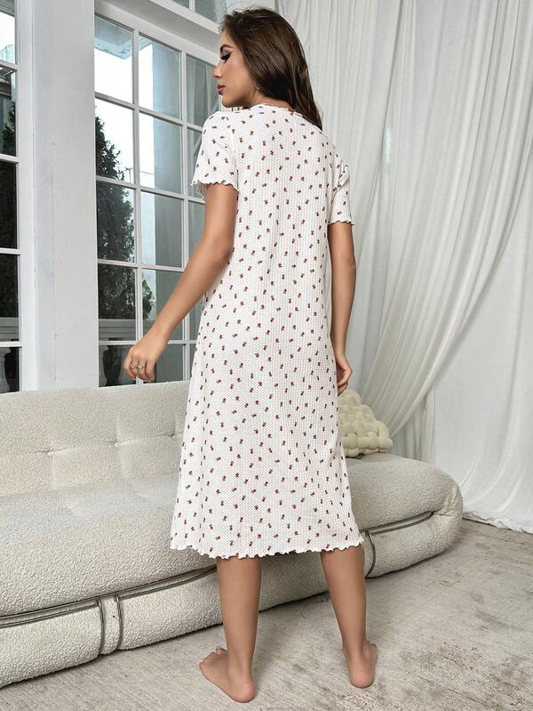 Ditsy Floral Print Lettuce Trim Button Front Nightdress | SHEIN USA