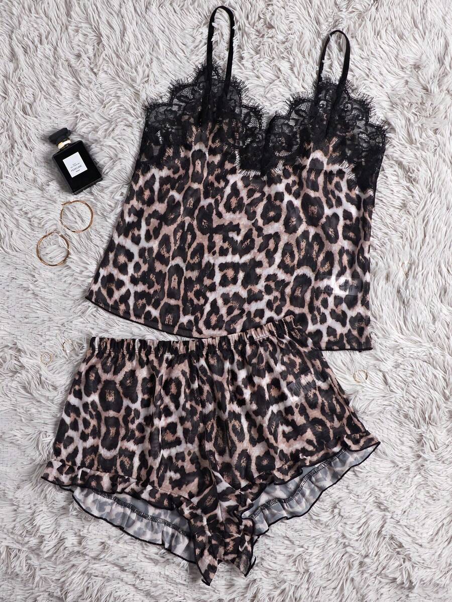 Leopard Print Lace Trim Mesh Cami Top And Shorts Pj Set Pajama Set