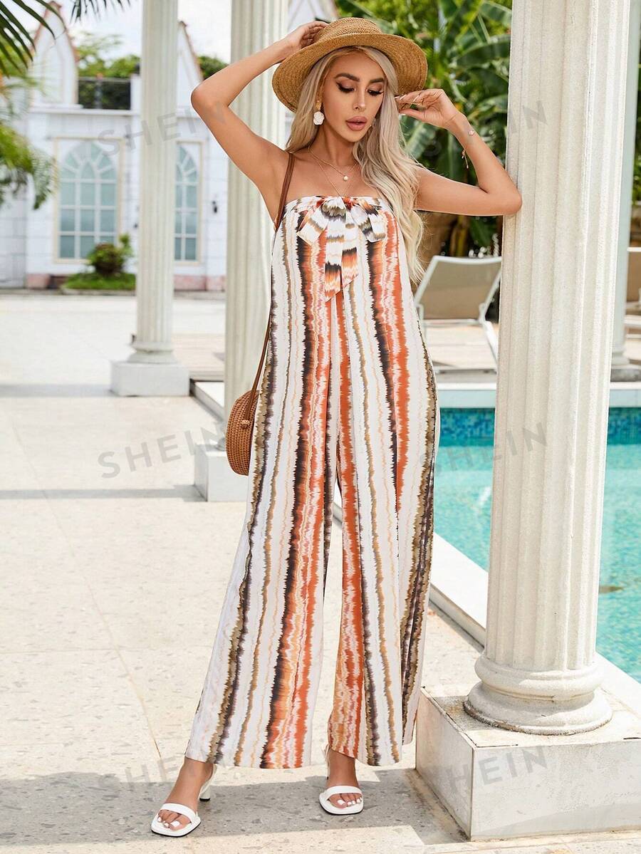 SHEIN VCAY Tie Dye Knot Front Tube Wide Leg Jumpsuit | SHEIN UK