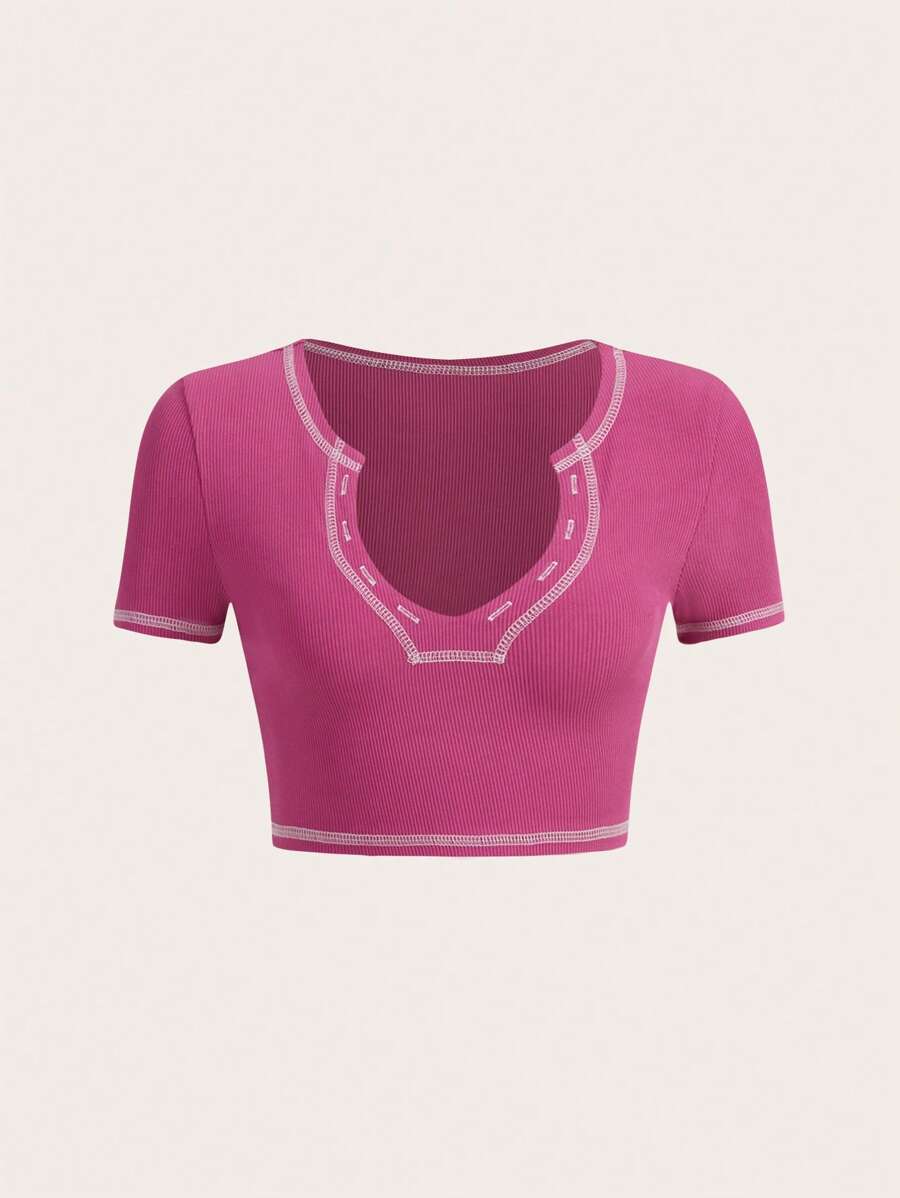 SHEIN ICON Y2k Top-Stitching Notched Neck Crop Tee | SHEIN USA