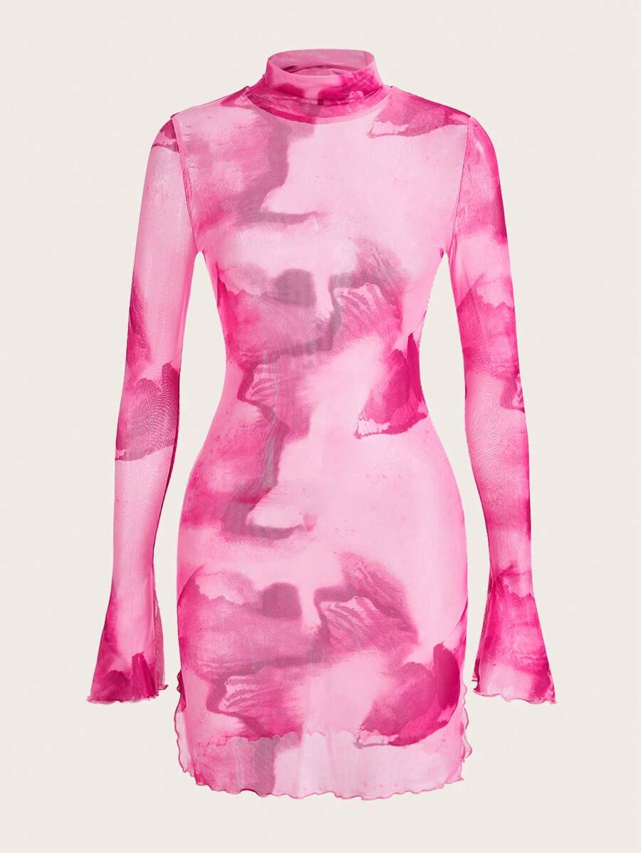 SHEIN ICON Tie Dye Mock Neck Lettuce Trim Mesh Bodycon Pink Mini Dress ...