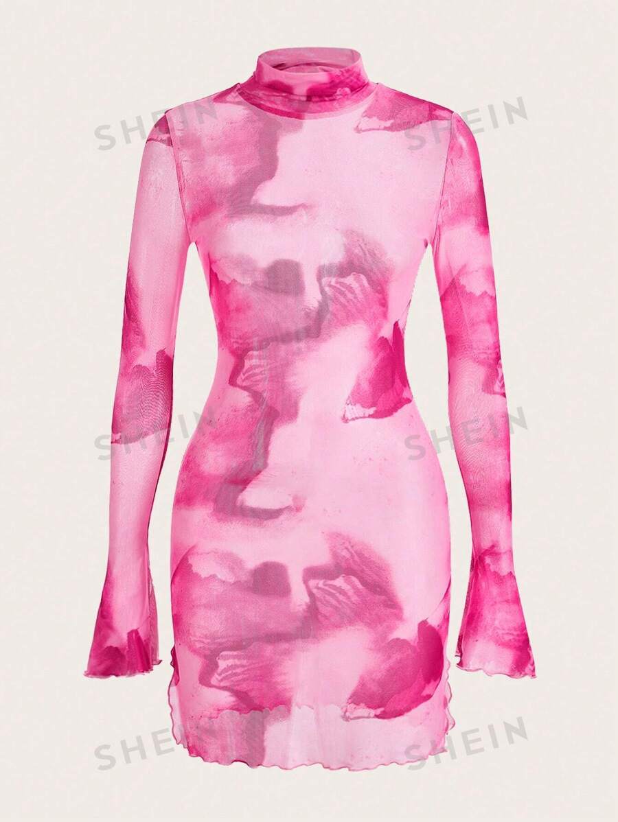 SHEIN ICON Vestido Mini Rosa Bodycon De Malla Con Cuello Simulado Tie ...