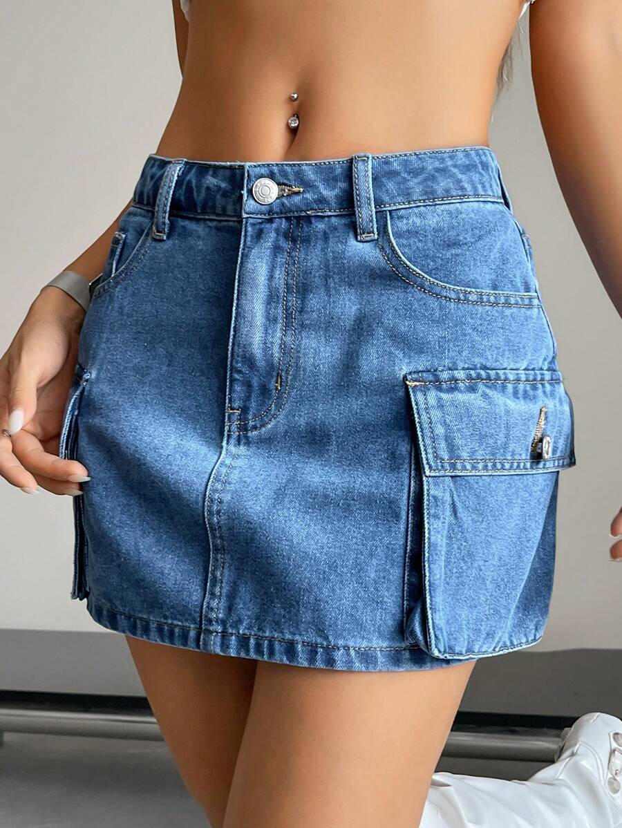 SHEIN EZwear Women's Summer Flap Pocket Denim Skirt | SHEIN UK