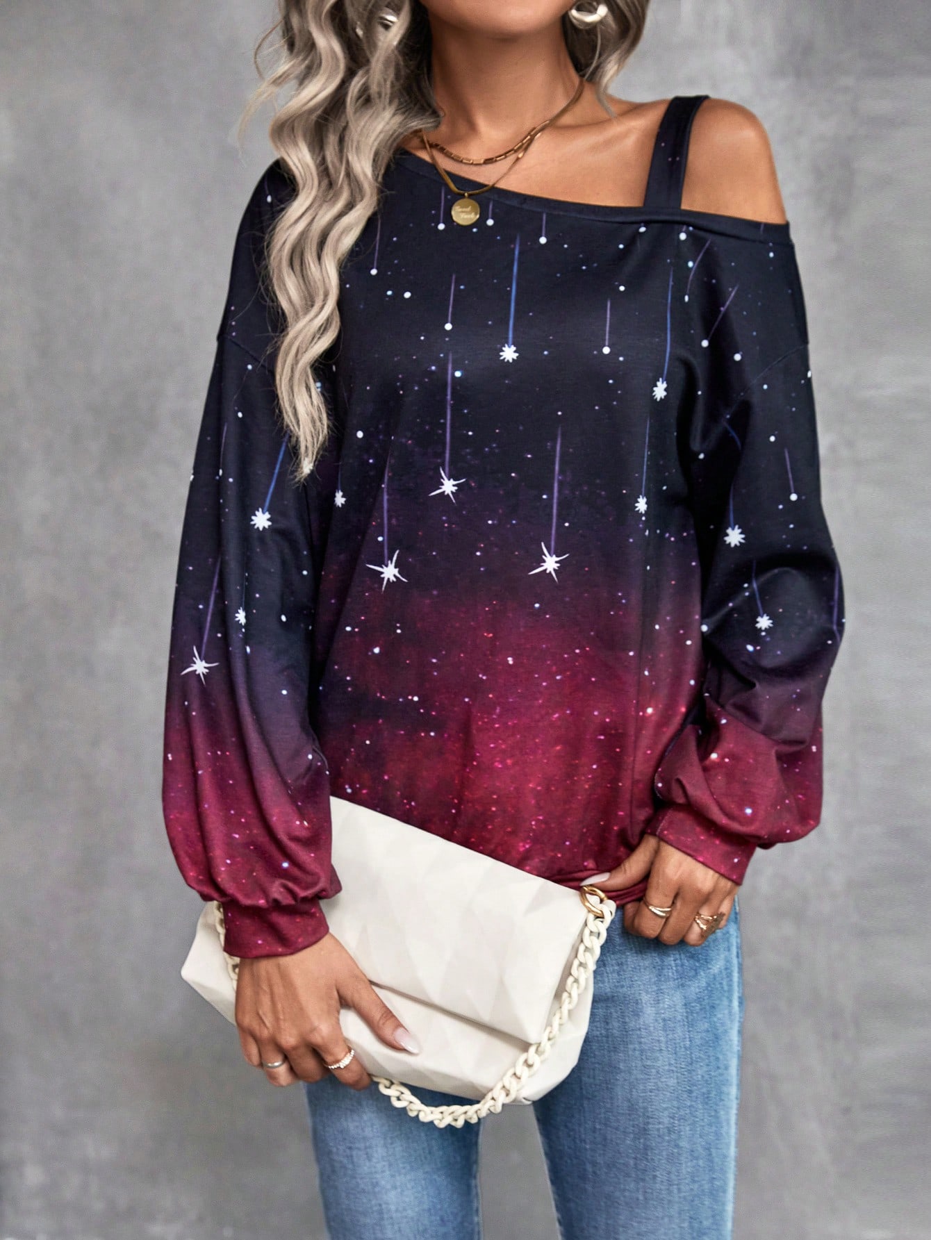 SHEIN LUNE Galaxy Print Asymmetrical Neck Sweatshirt | SHEIN USA